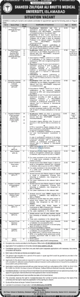 Shaheed Zulfiqar Ali Bhutto Medical University Jobs 2025 - SZABMU Jobs