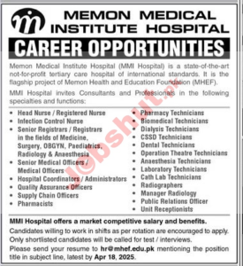 Memon Medical Institute Hospital Karachi Jobs 2025 - Public Sector ...