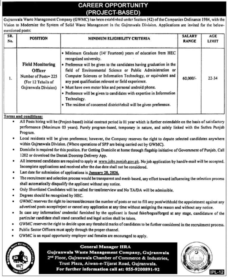 Gujranwala Waste Management Company GWMC Jobs In 2026 - Apply Now For ...
