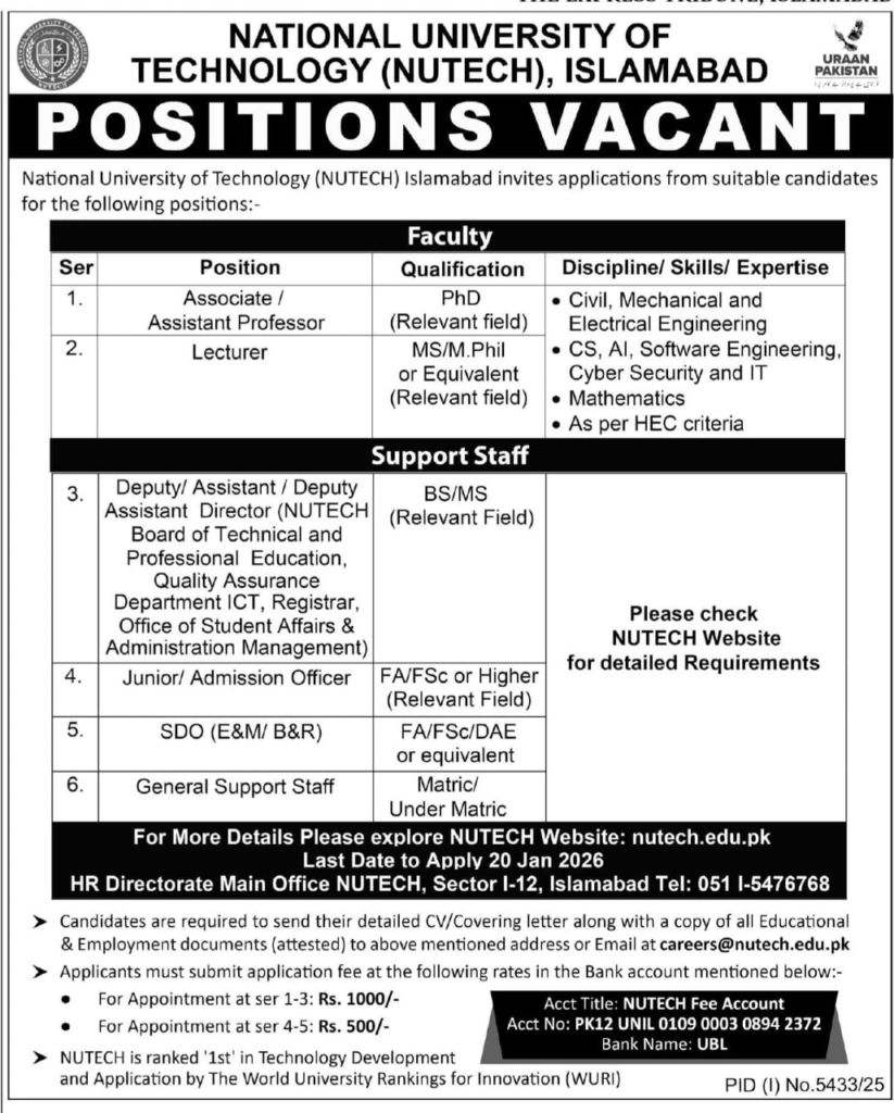 National University Of Technology Nutech Islamabad Jobs In 2026 ...