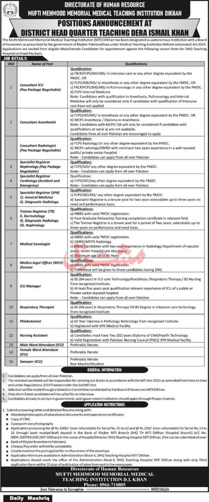 Mufti Mehmood Memorial Medical Teaching Institution Latest Jobs 2026 ...